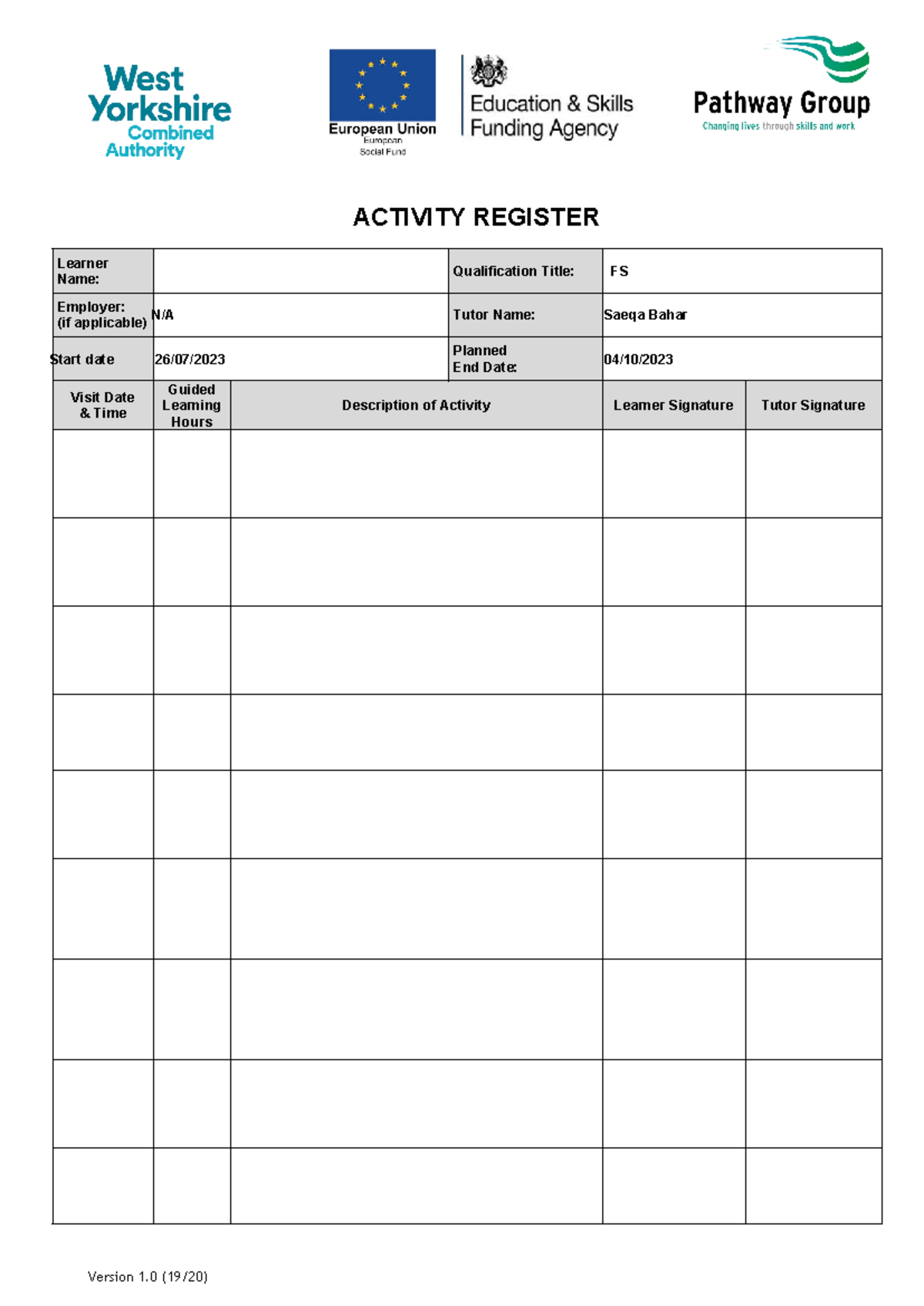 Activity Register template - ACTIVITY REGISTER Learner Name ...