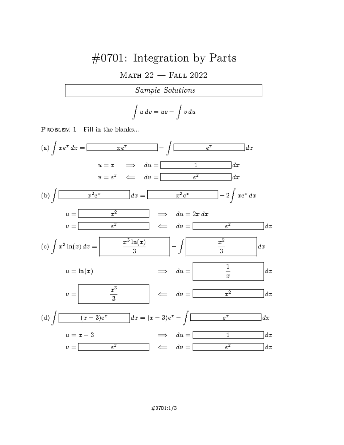 Ws-0701-sols - Francois Dorais - #0701:1/ #0701: Integration by Parts ...