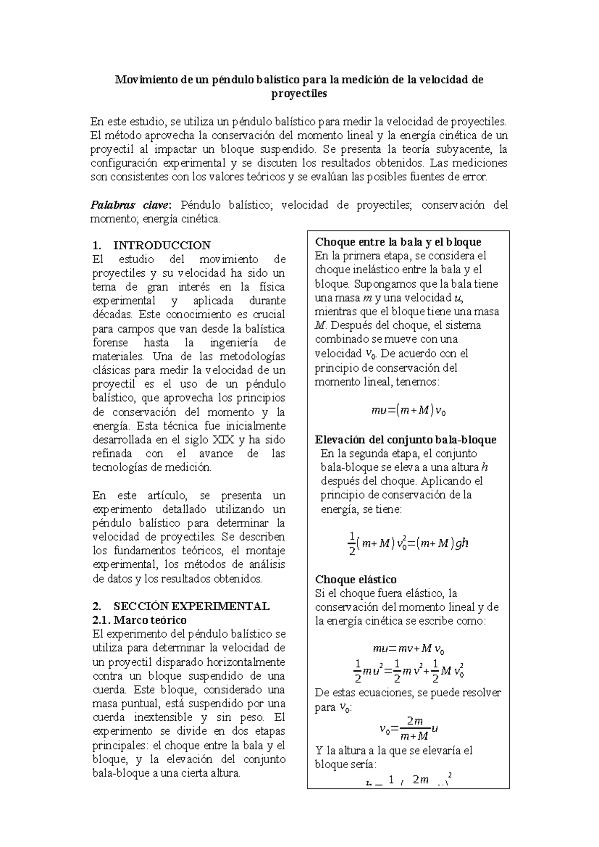 Movimiento de un péndulo balístico para la medició - El método ...