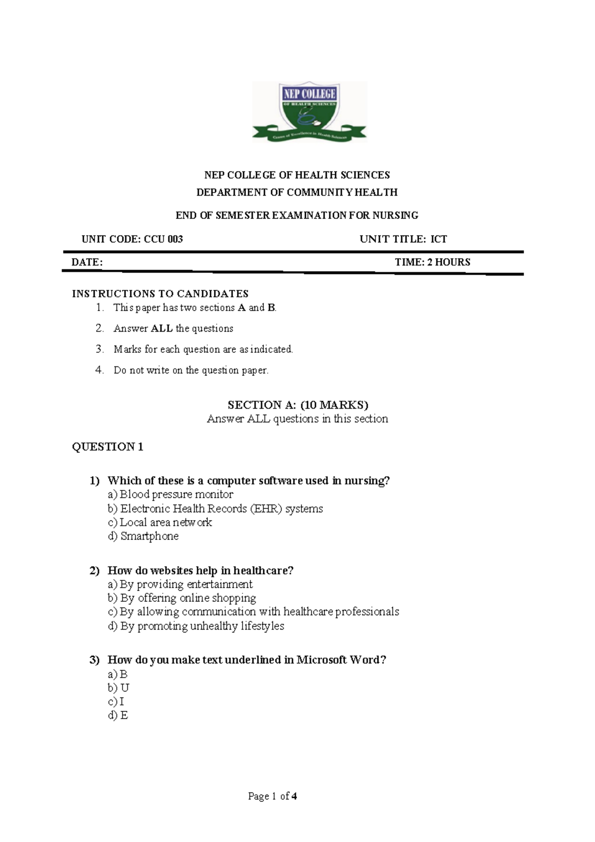 Periop ICT CAT - cat - Page 1 of 4 NEP COLLEGE OF HEALTH SCIENCES ...