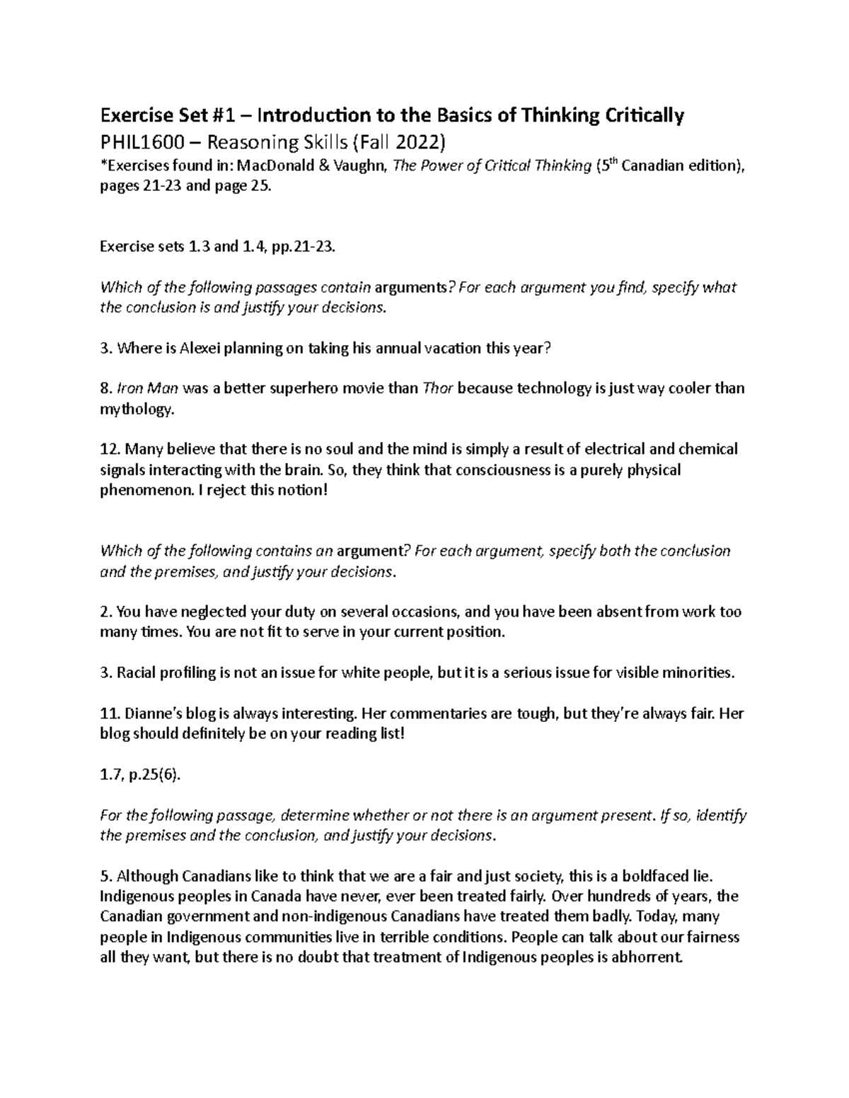 Exercise Set 1 Assignment 1 Exercise Set 1 Introduction To The