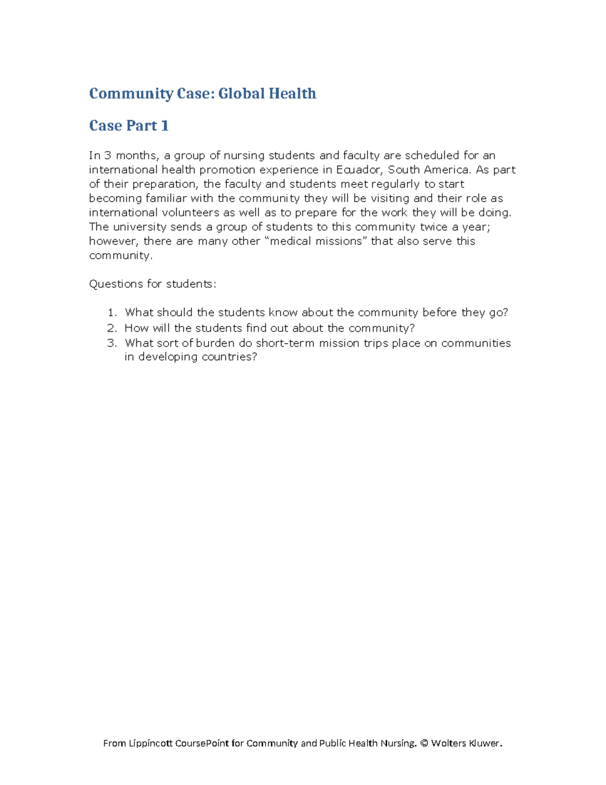 Community Global Case Health Community Case Global Health Case Part
