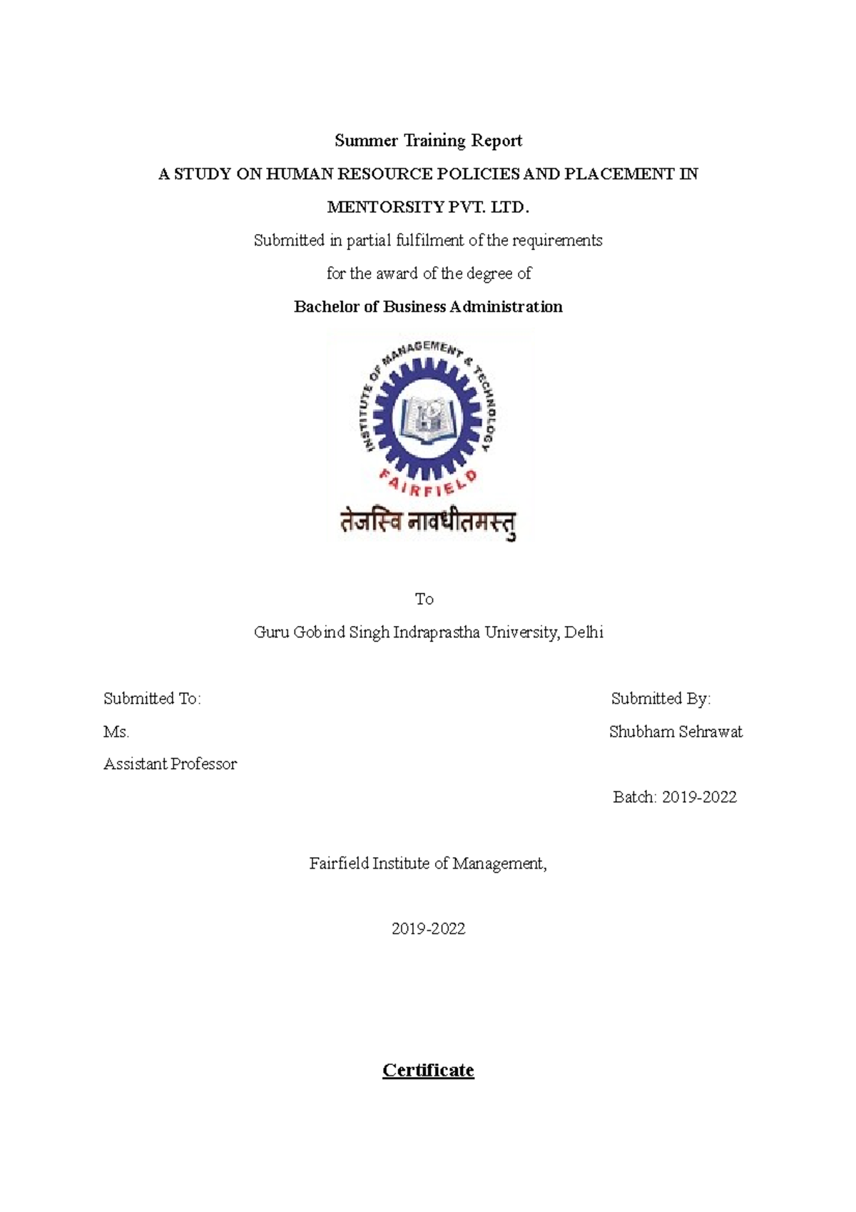 STR- shubham - Summer internship report - Summer Training Report A ...