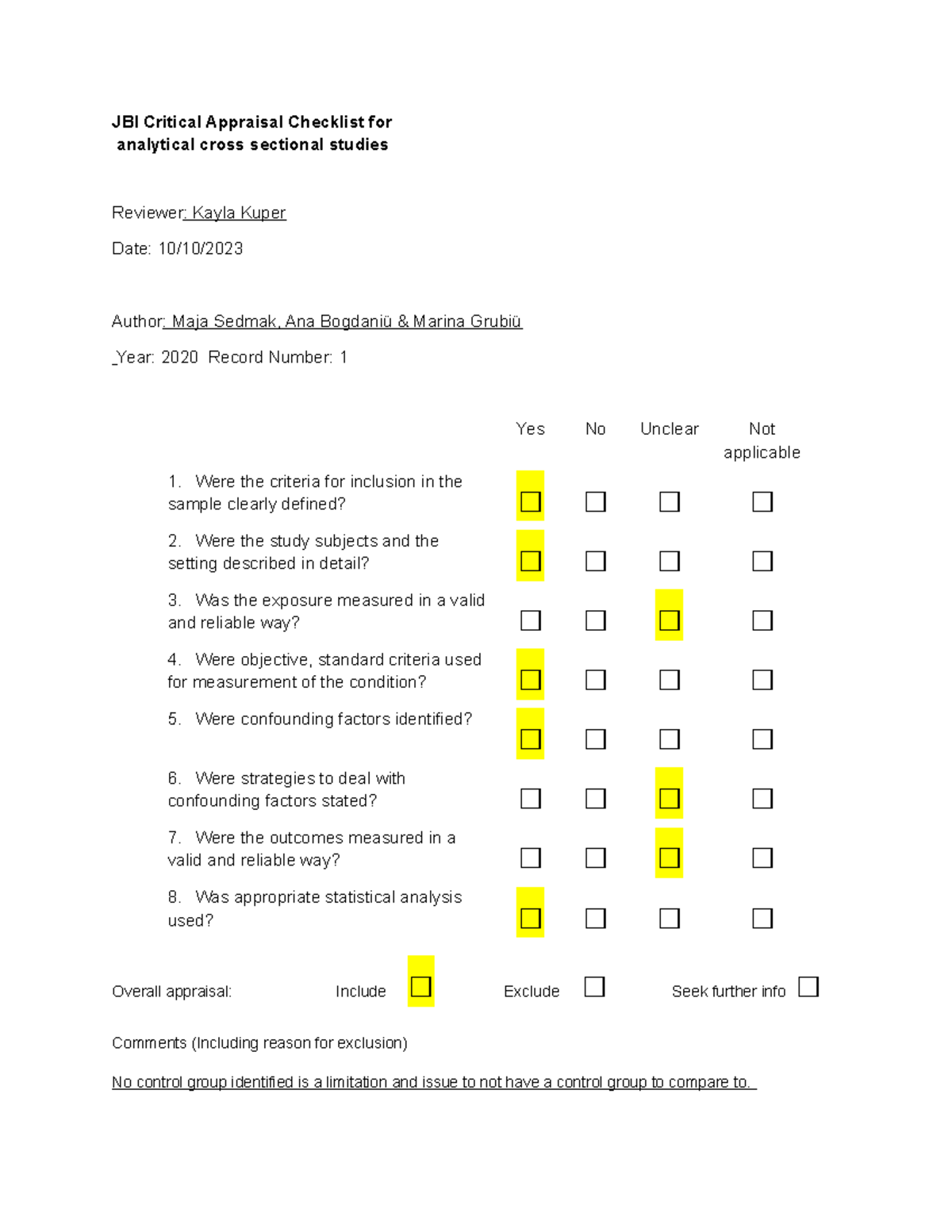 Article Checklist Kayla Kuper - JBI Critical Appraisal Checklist for ...