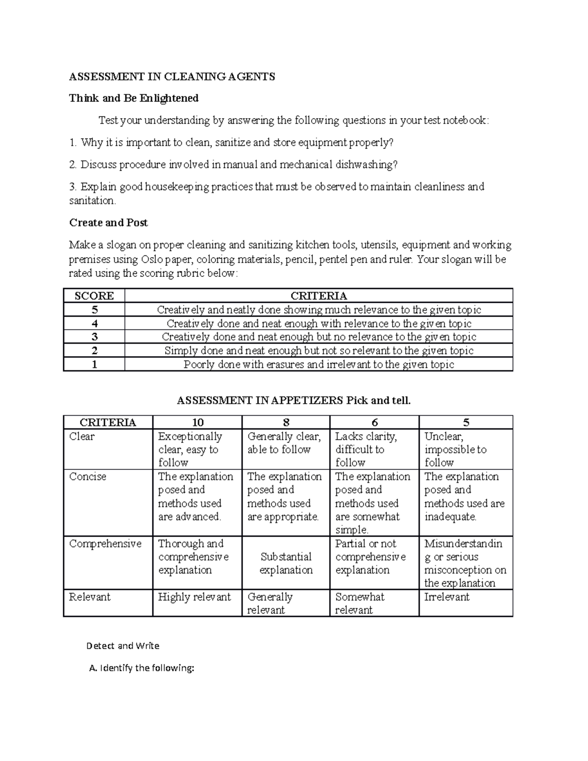 Assessment IN Cleaning Agents - Theories of Personality - SLPC - Studocu