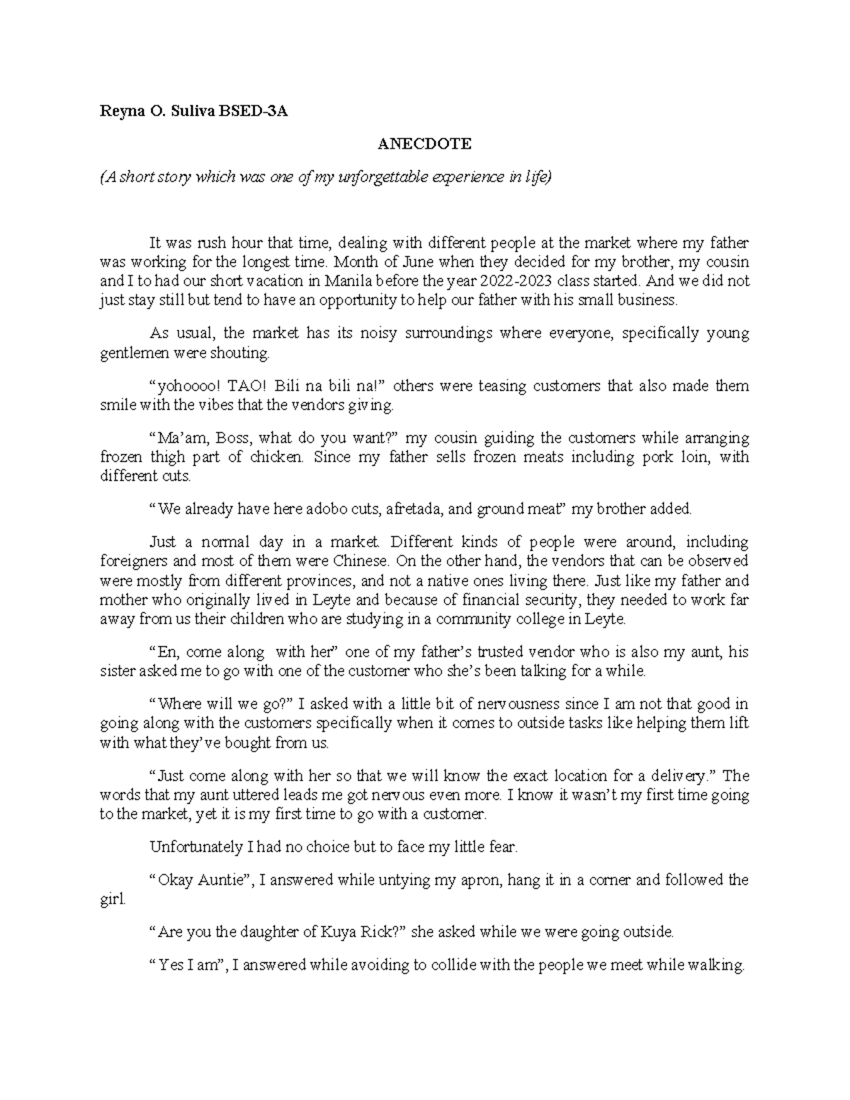 CNF (Suliva, Reyna Bsed-3A) - Reyna O. Suliva BSED-3A ANECDOTE (A short ...