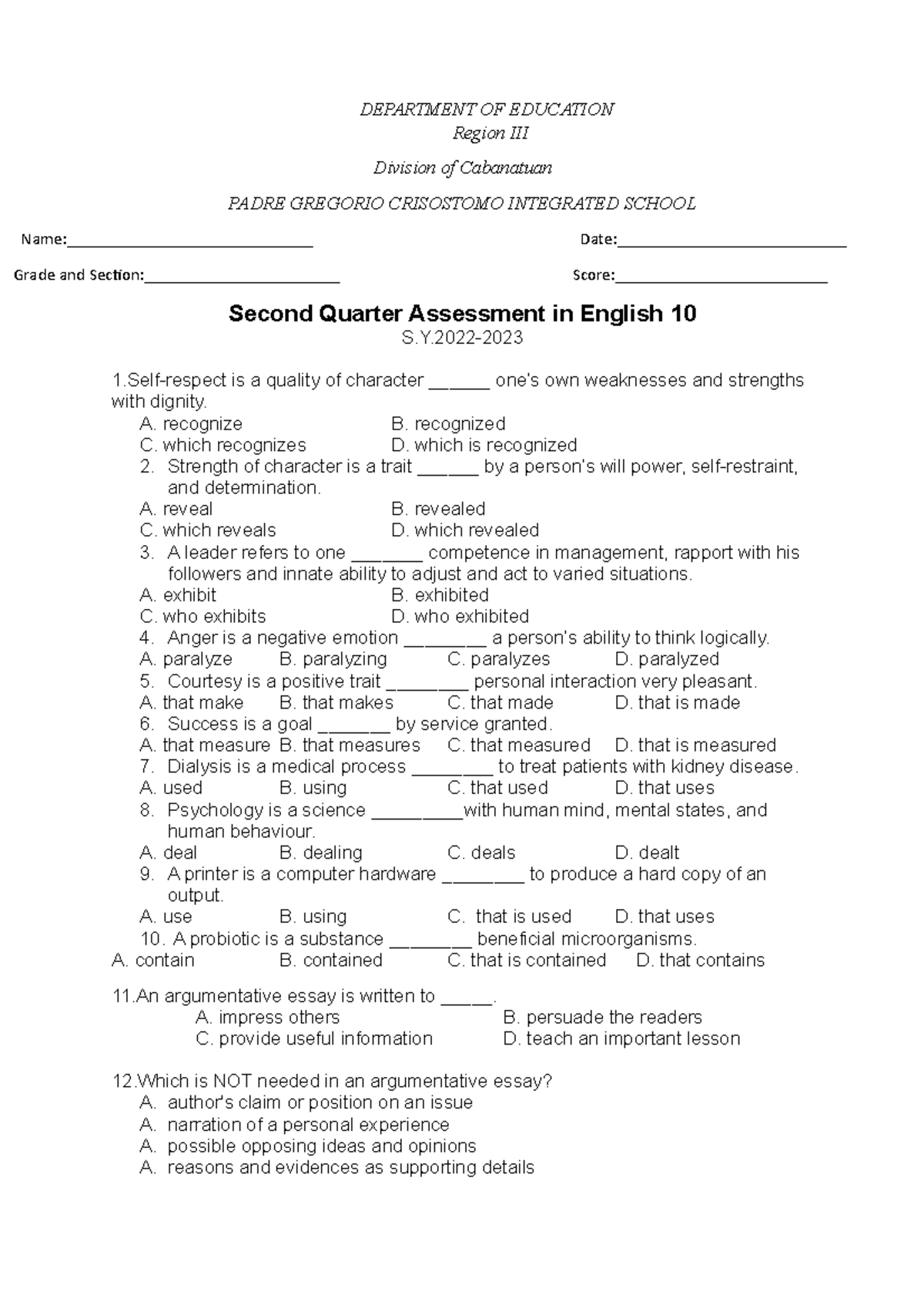 Second quarter exam in English 10 - Second Quarter Assessment in ...