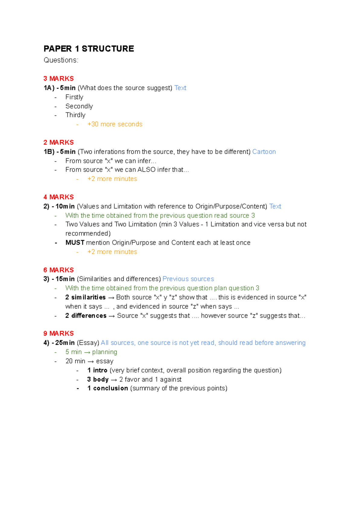 Paper 1 Structure - PAPER 1 STRUCTURE Questions: 3 MARKS 1A) - 5min ...