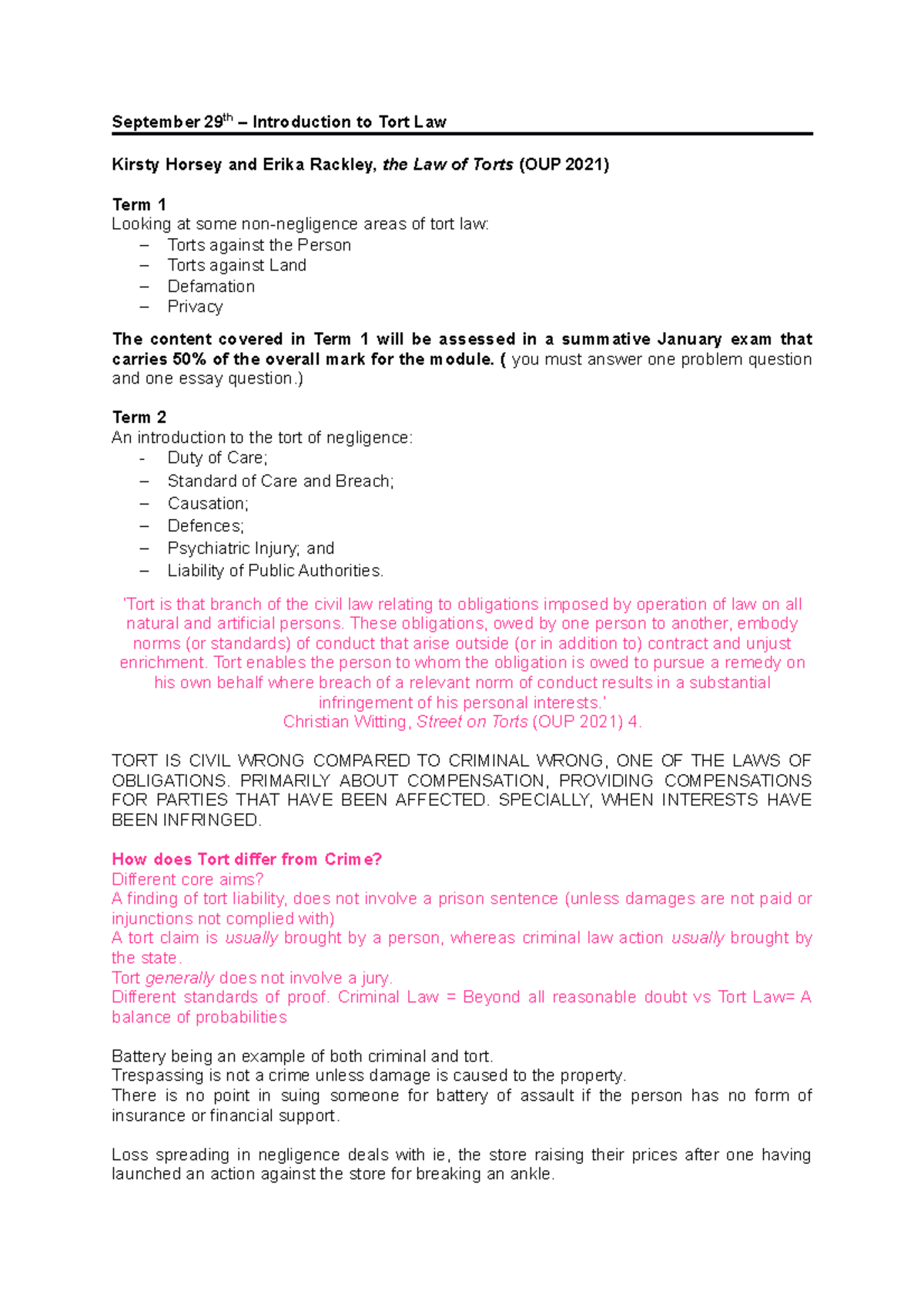 TERM ONE Lecture Notes - September 29th – Introduction to Tort Law ...