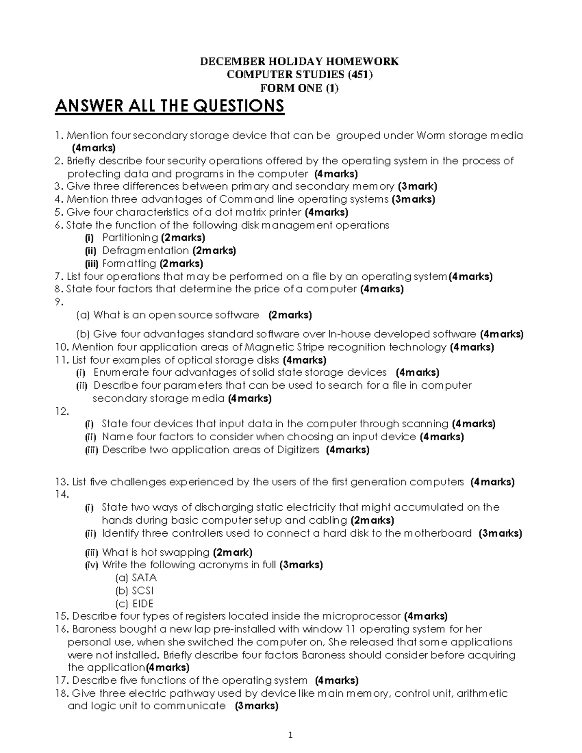Computer F1 - 1 DECEMBER HOLIDAY HOMEWORK COMPUTER STUDIES (451) FORM ...