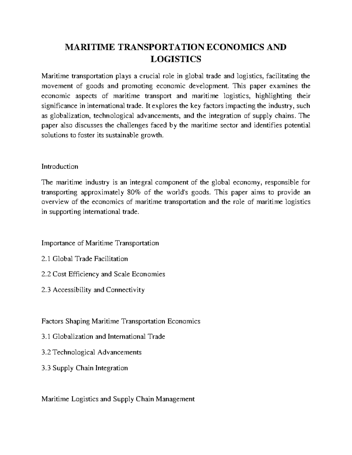 Maritime Transportation Economics AND Logistics - MARITIME ...