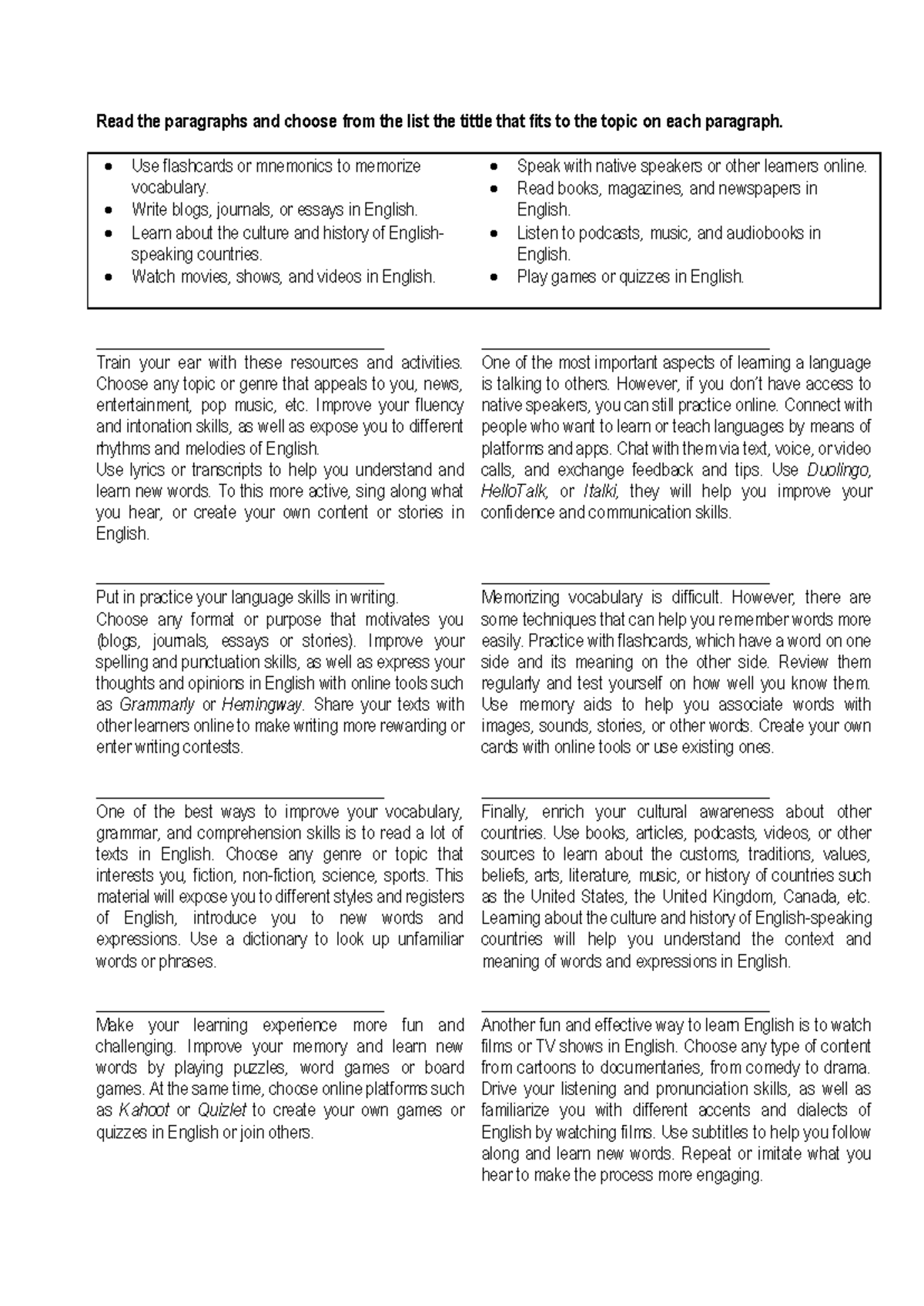 Week 02 8 Ways to learn English by yourself - Read the paragraphs and ...