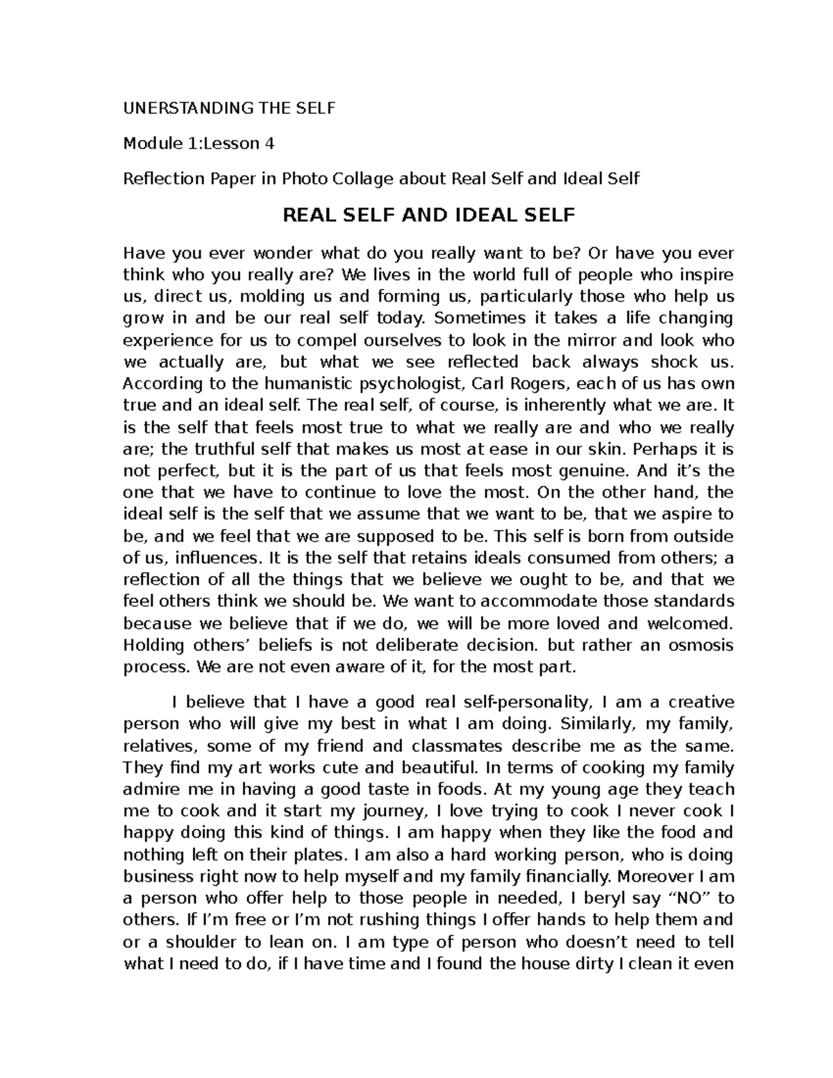 M1 L4 Reflection- Paper - UNERSTANDING THE SELF Module 1:Lesson 4 Reflection Paper in Photo ...