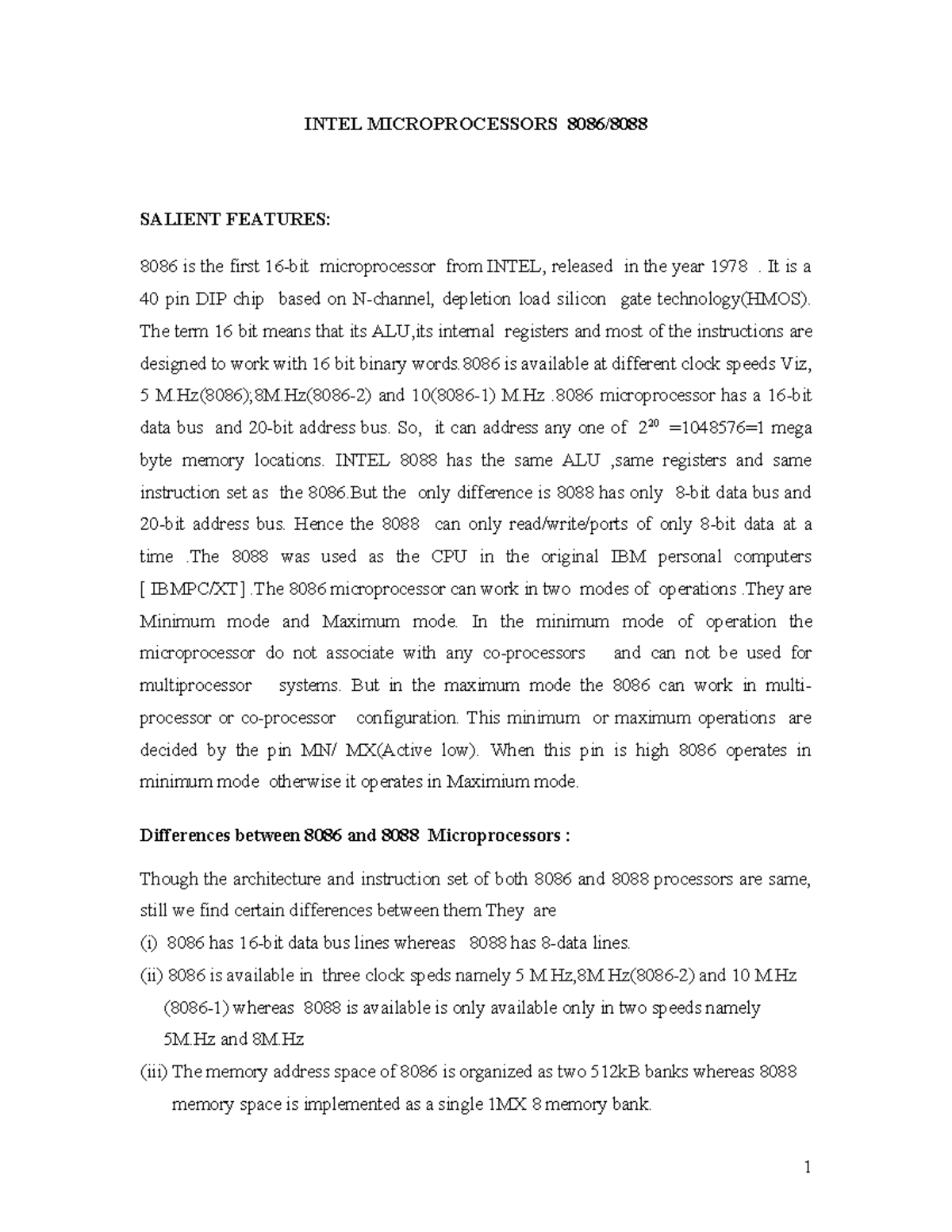 8086 Classnotes 8086 Mpmc Discription Intel Microprocessors 8086 Salient Features 8086 Is 