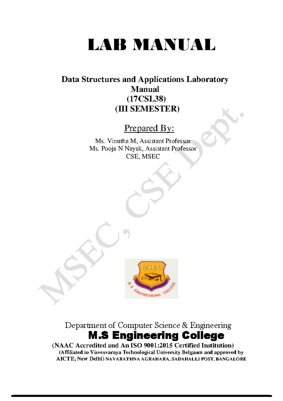 DSA lab manual - this is lab progrmes for 4th sem engg students - LAB MANUAL Data Structures and ...