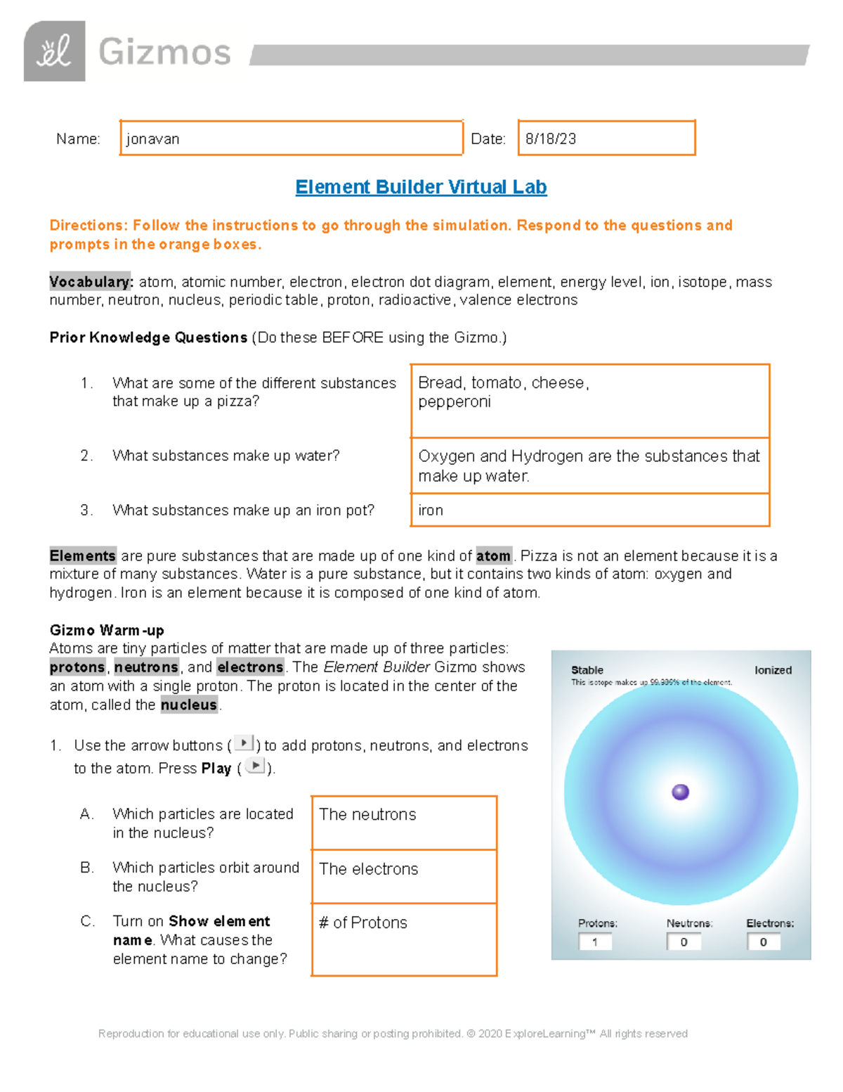 Element Builder Virtual Lab - Name: jonavan Date: 8/18/ Element Builder ...