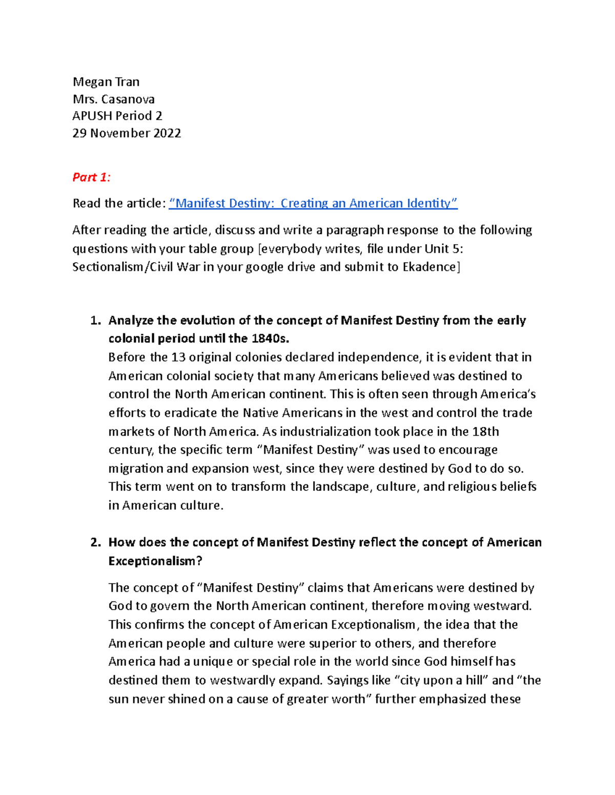 What is Manifest Destiny Reflections - Megan Tran Mrs. Casanova APUSH ...
