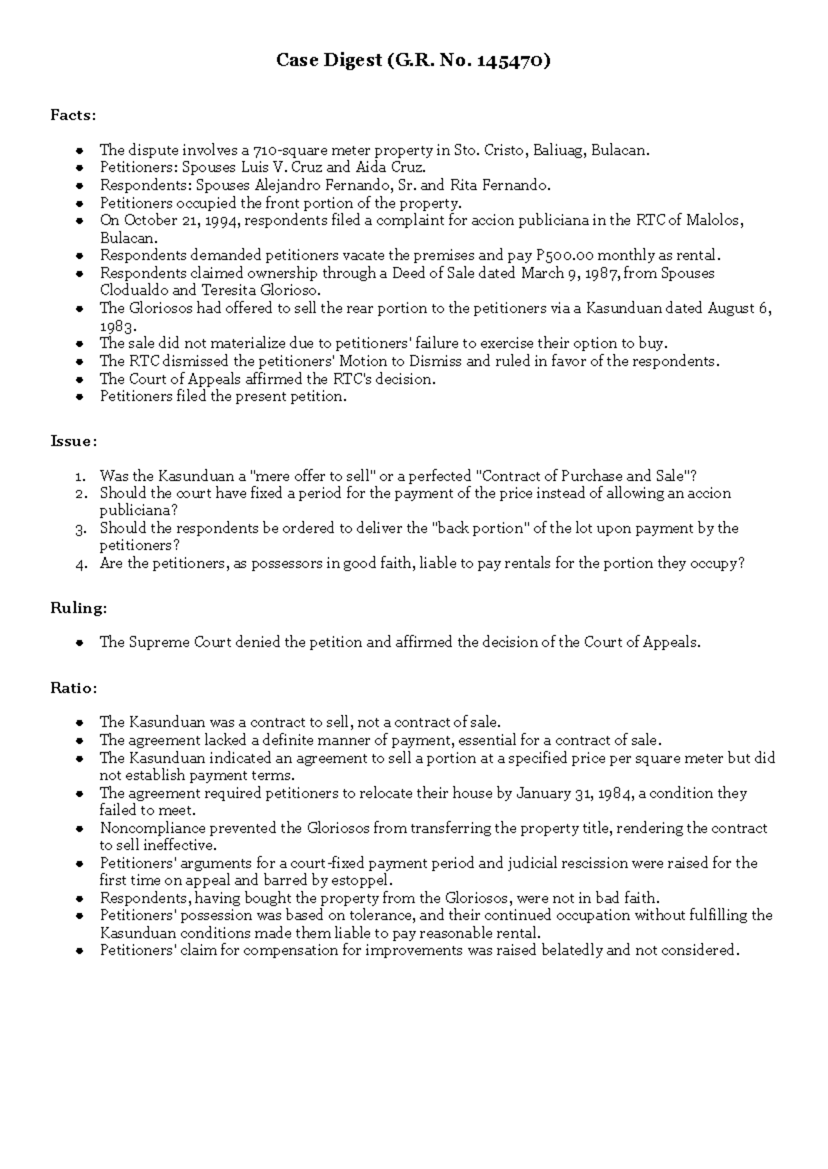 WEEK 4 CASE Digest - Case Digest (G. No. 145470) Facts: The dispute ...