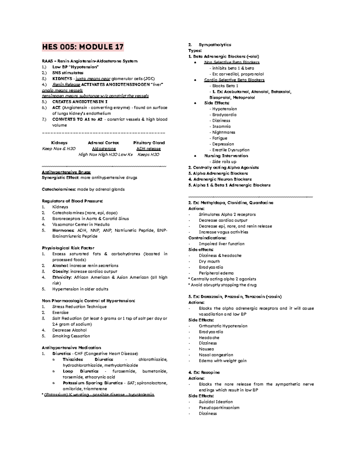 HES 005 Module 17-18 (Reviewer) - HES 005: MODULE 17 RAAS - Renin Angiotensin-Aldosterone System ...