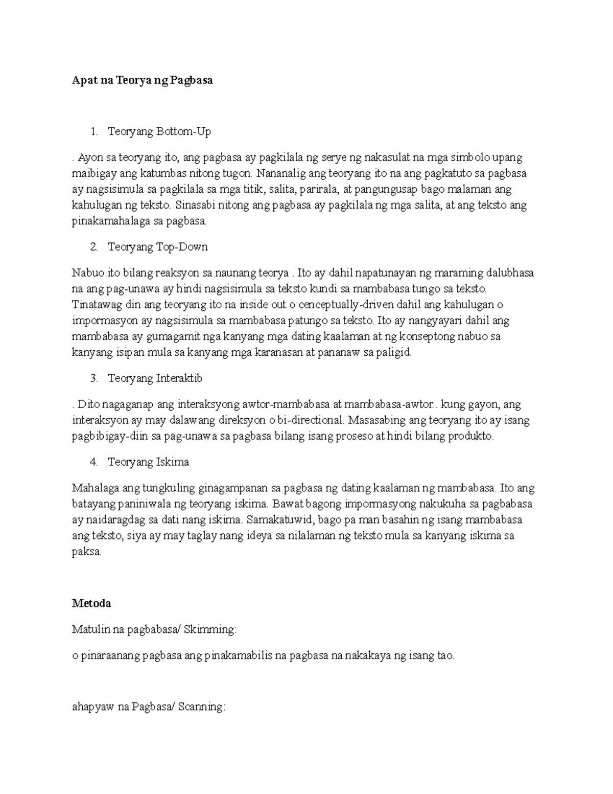Metodo ng Makrong Kasanayang Pagbasa - Apat na Teorya ng Pagbasa ...