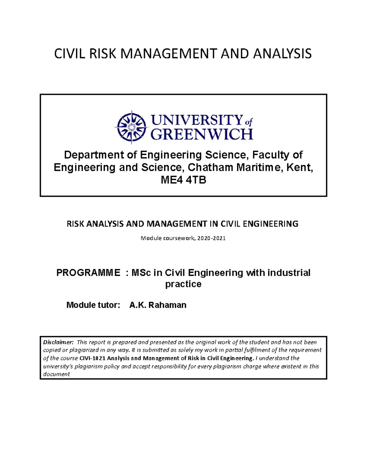 Risk1 - GVHBJNM,. - CIVIL RISK MANAGEMENT AND ANALYSIS Department of ...