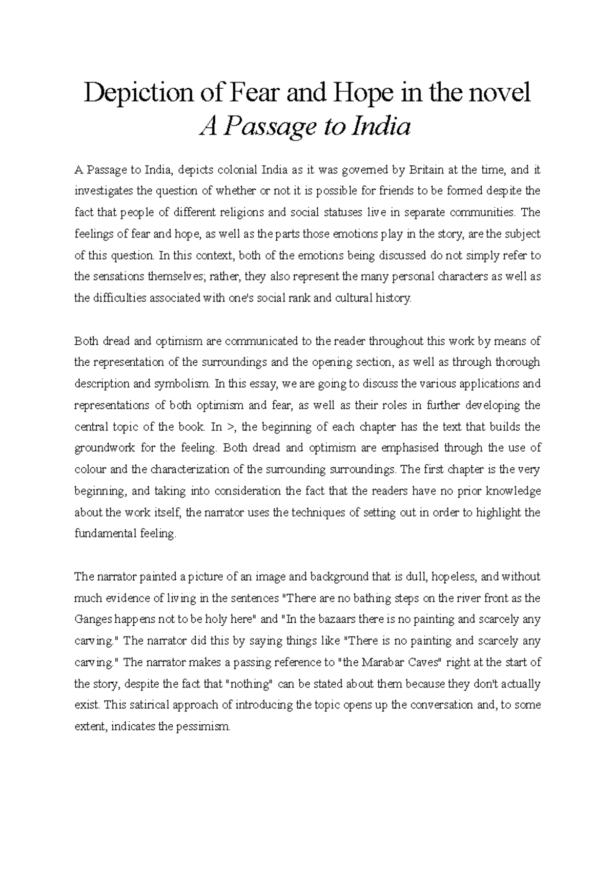 Depiction of Fear and Hope in the novel A Passage to India - The ...