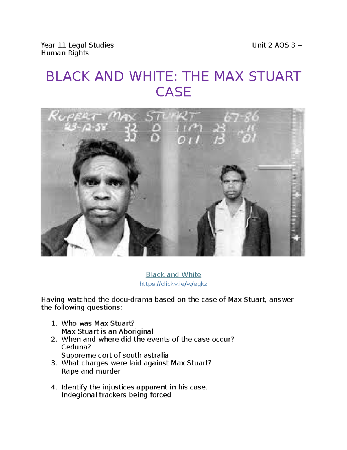 Black and White worksheet - Year 11 Legal Studies Unit 2 AOS 3 - Human ...
