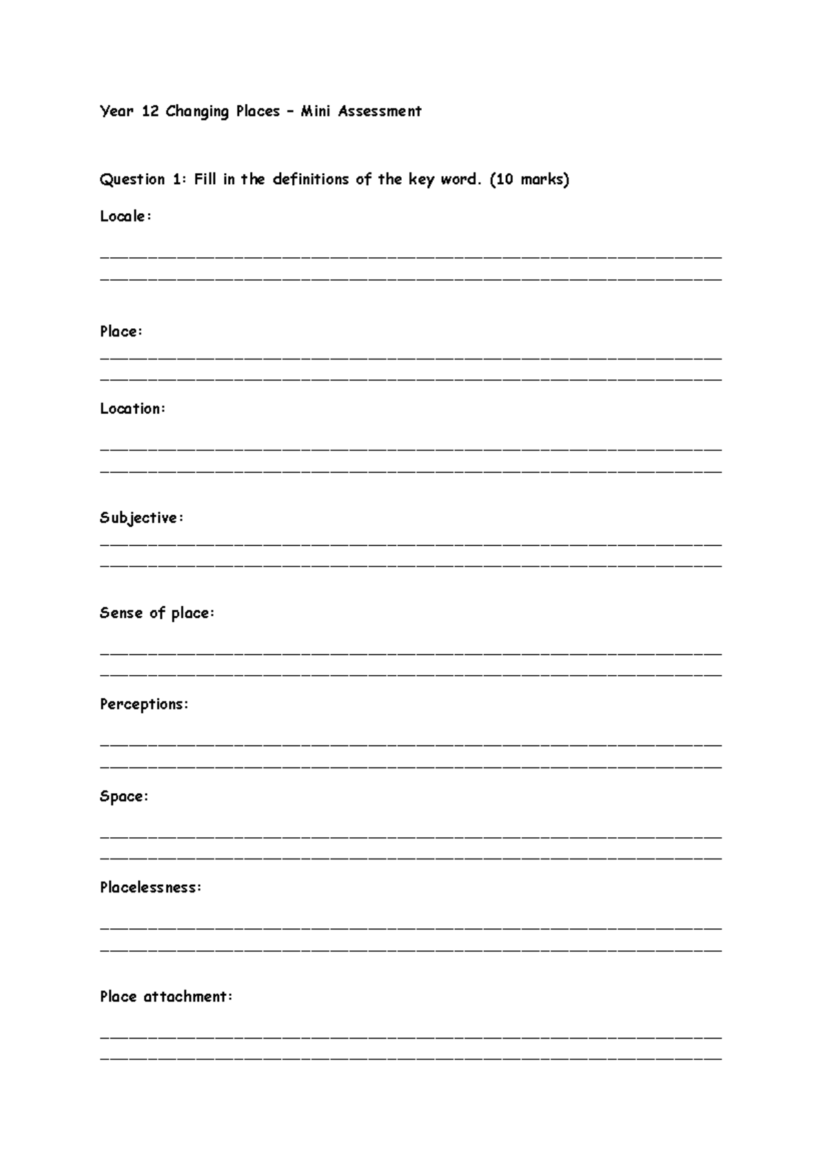 Year 12 Changing Places mini assessment - Year 12 Changing Places ...