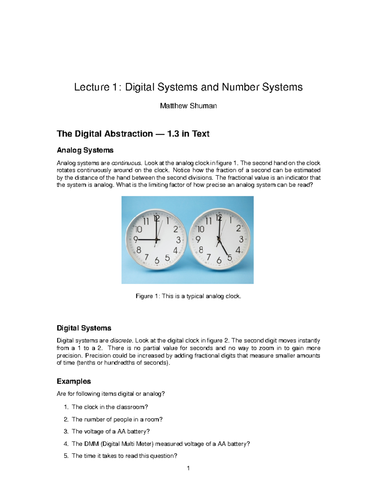 Lecture notes, lecture 1 to 7 + 10 - Lecture 1: Digital Systems and ...