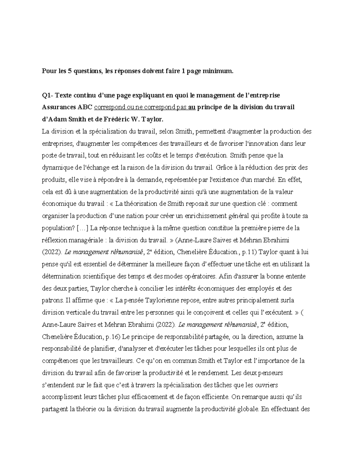 Management Travail - Pour les 5 questions, les réponses doivent faire 1 ...