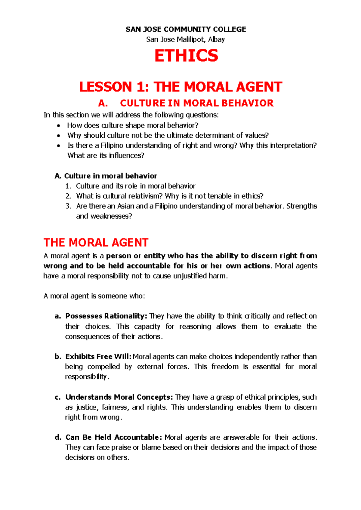 Lesson-1-THE- Moral- Agent A Culture-IN- Moral- Behavior - SAN JOSE COMMUNITY COLLEGE San Jose ...