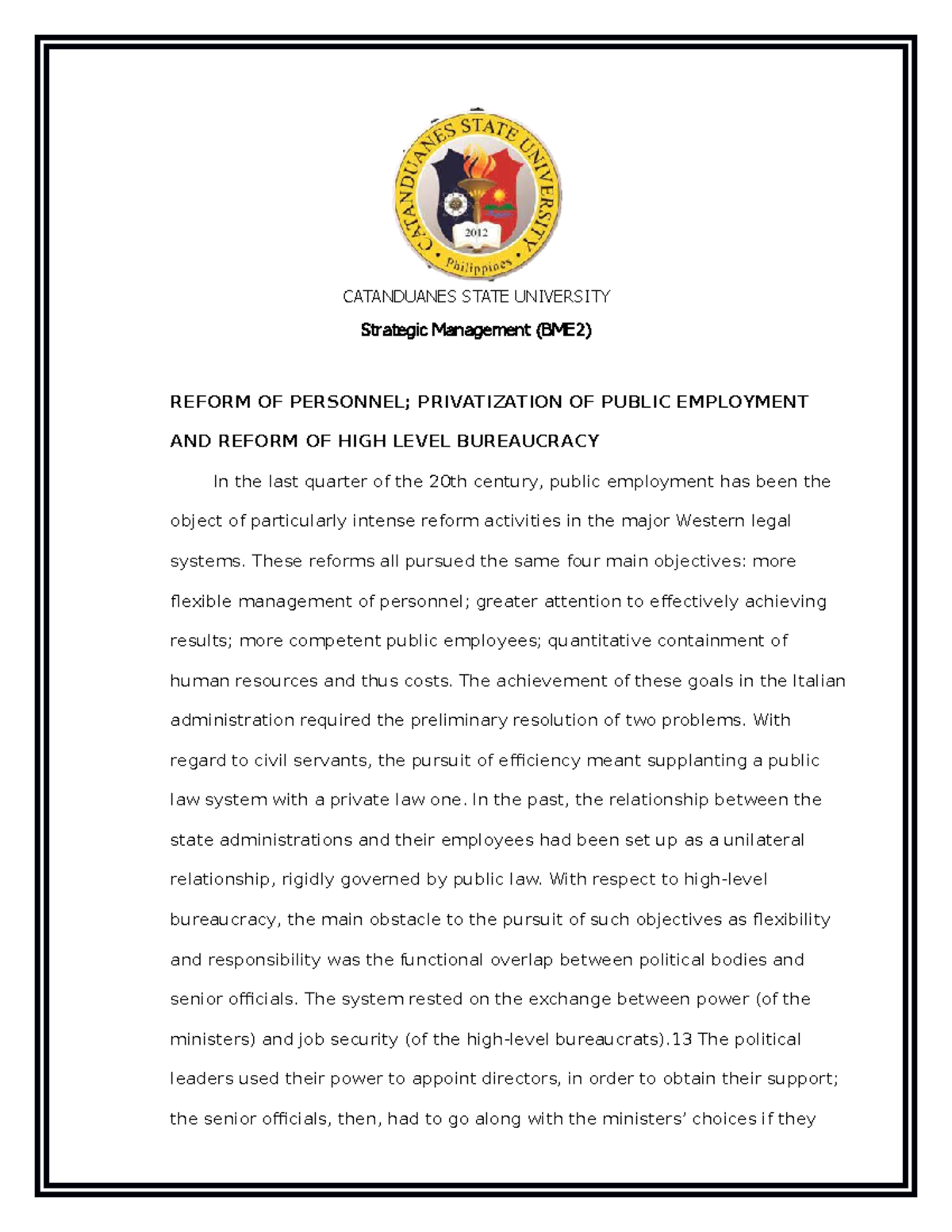 Reform OF Personnel; Privatization OF Public Employment AND Reform OF ...