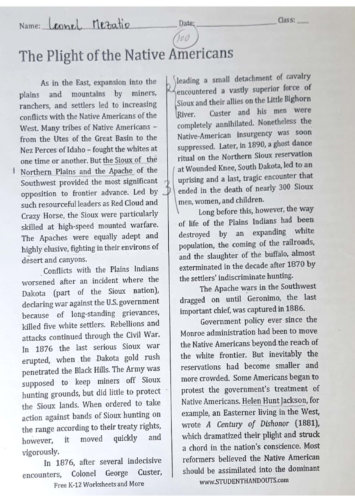 American History, The Plight of The Native Americans - Name: Lone leto ...