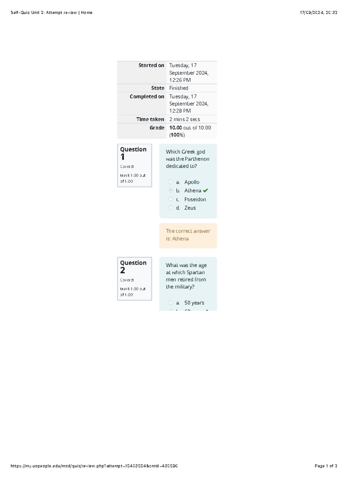 Self-Quiz Unit 2: Attempt review Home - - Studocu