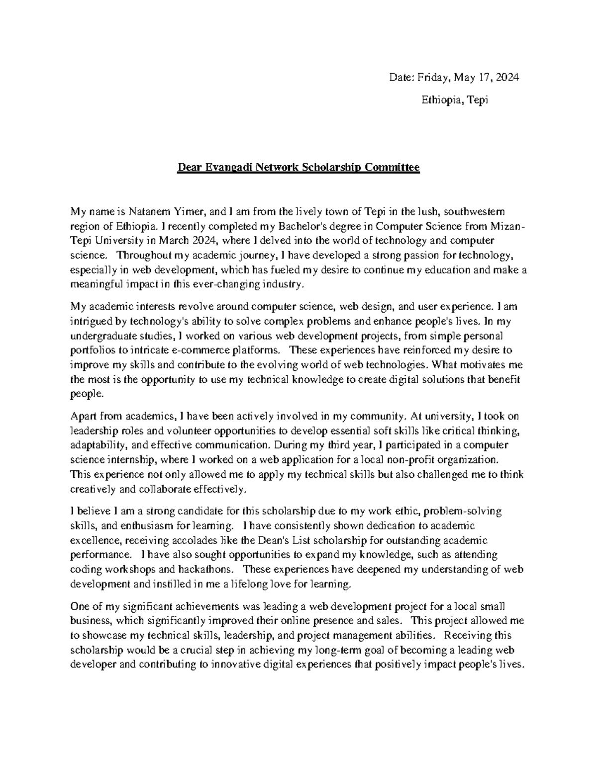 Evangadi Scholarship Doc - Date: Friday, May 17, 2024 Ethiopia, Tepi ...