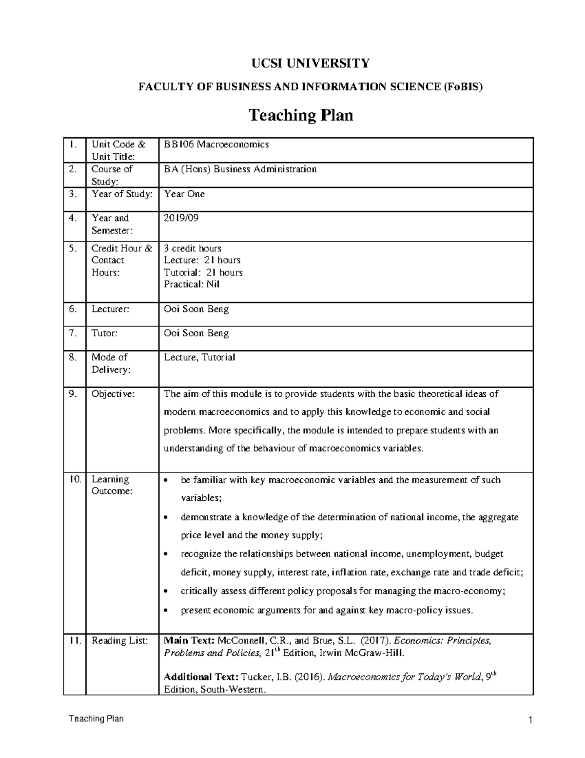 Exam 15 April 2019, questions and answers - Teaching Plan 1 UCSI ...