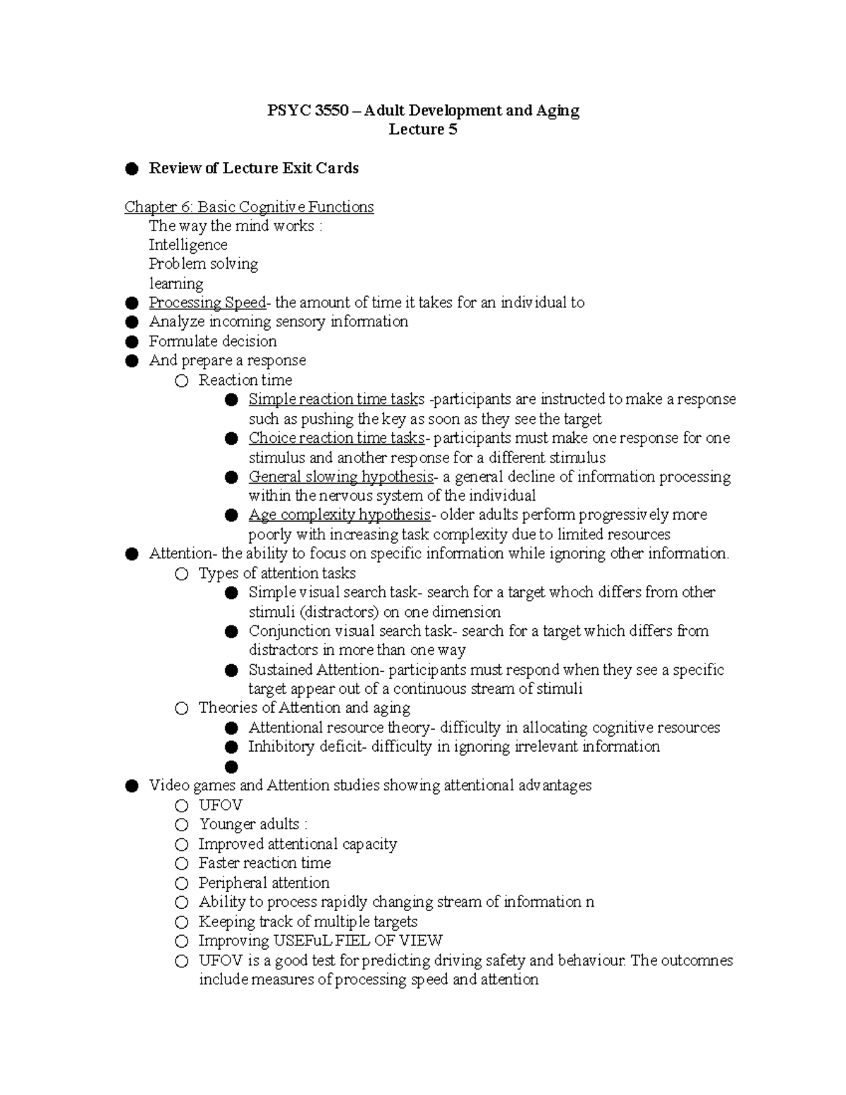 Lecture 5 Outline - PSYC 3550 – Adult Development and Aging Lecture 5 Review of Lecture Exit ...