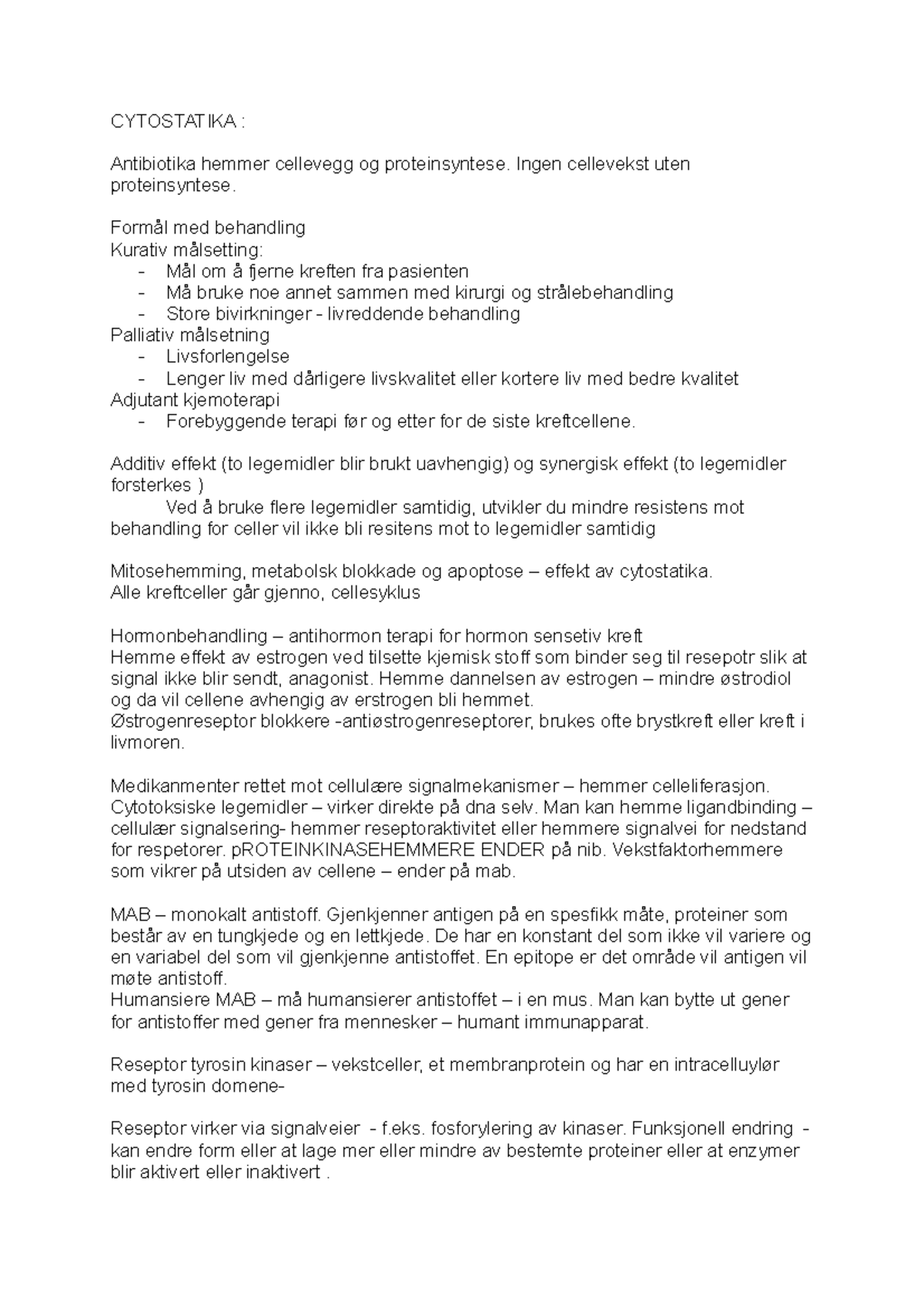 Cytostatika - Notater - CYTOSTATIKA : Antibiotika hemmer cellevegg og ...