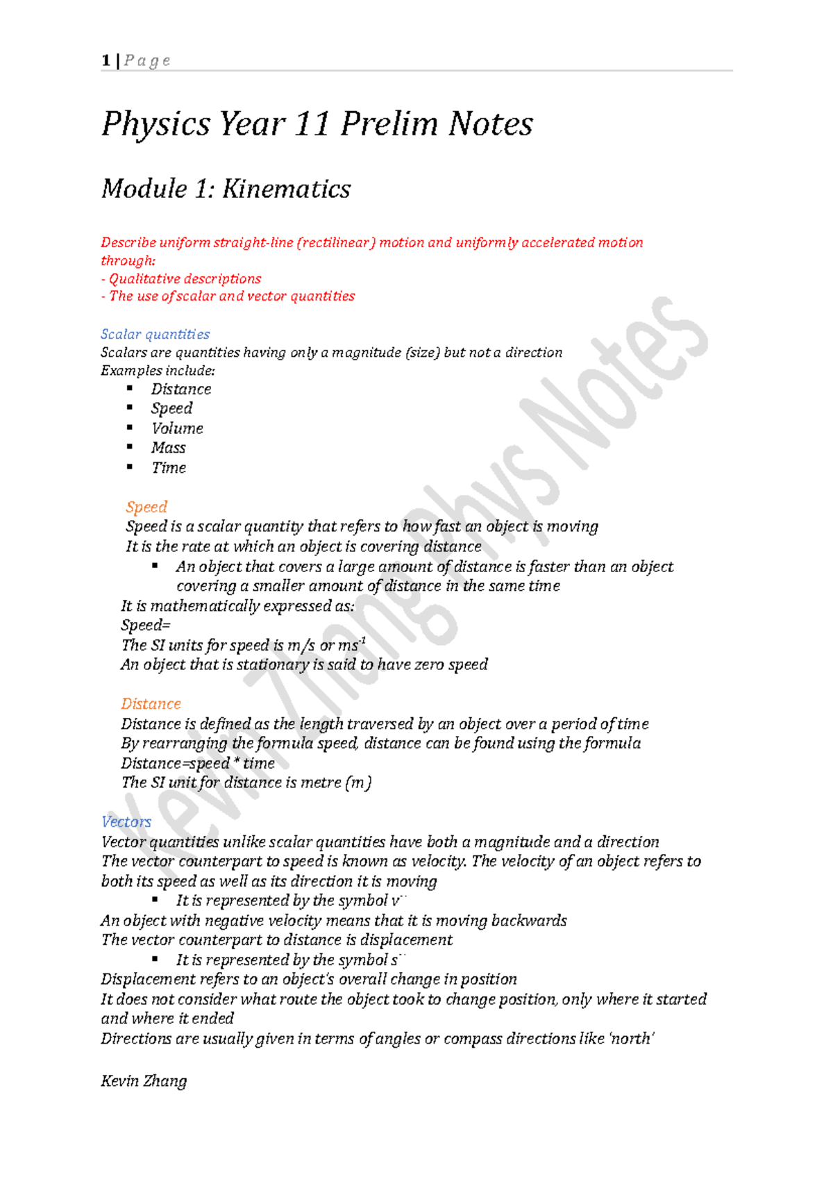 Notes on Module 1,2 & 3 (Zhang) - Physics Year 11 Prelim Notes Module 1 ...