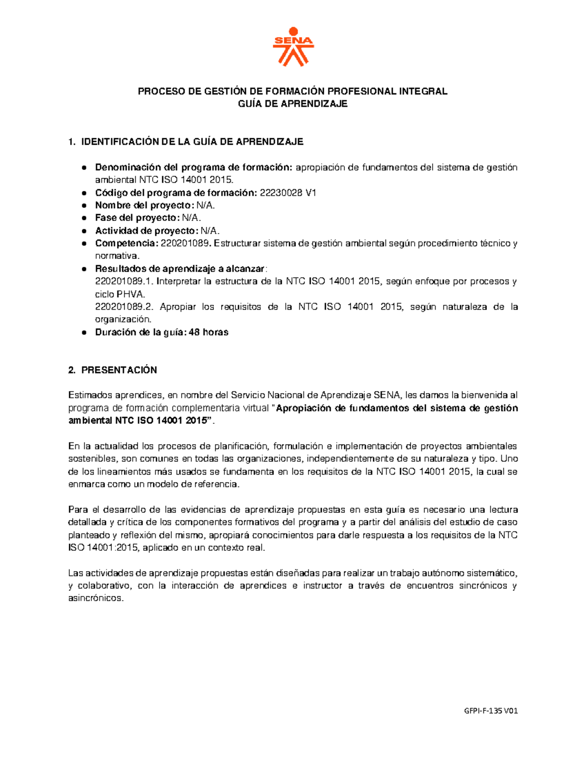 Guia de Aprendizaje - SISTEMA DE GESTION AMBIENTAL NTC ISO 14001 2015 - PROCESO DE GESTIÓN DE ...