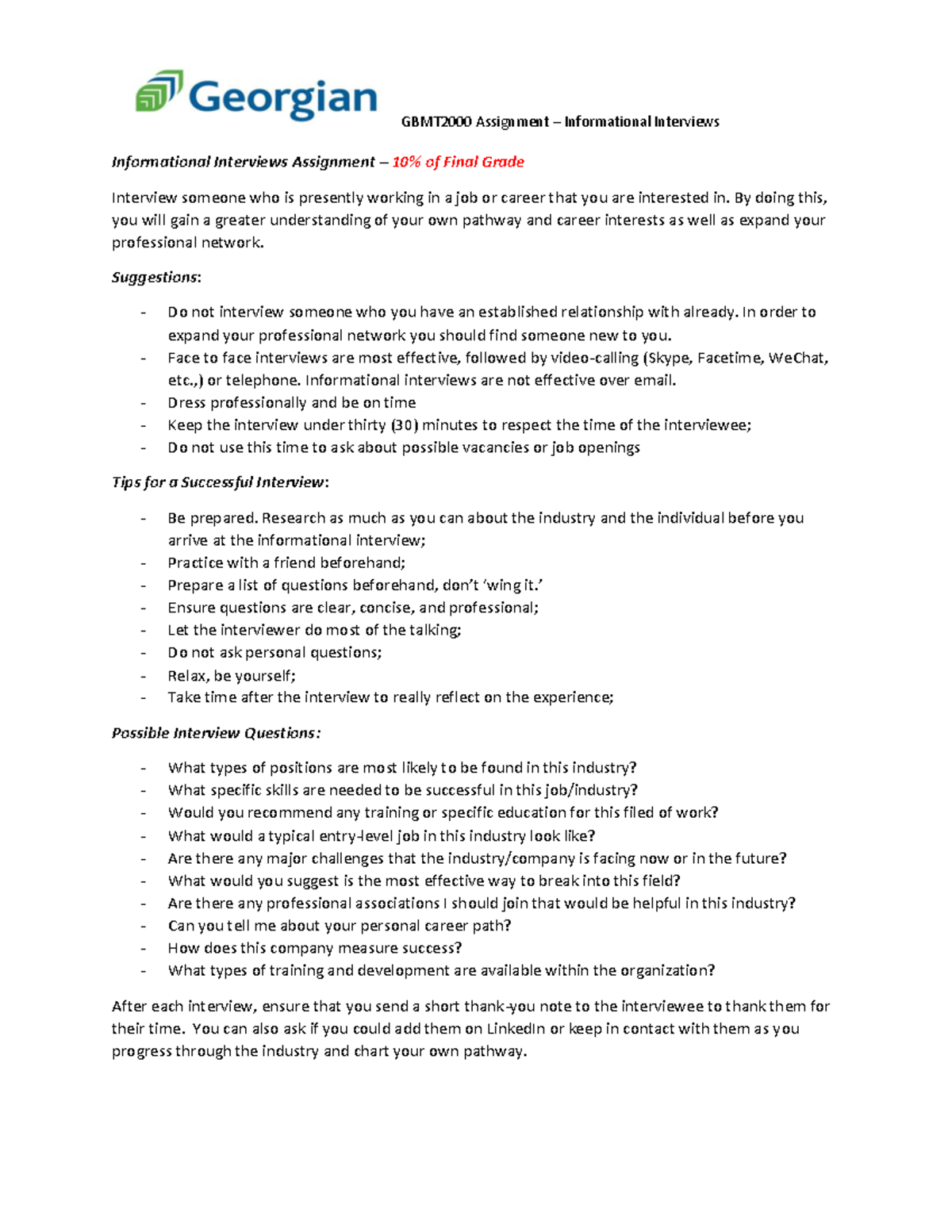 Info Interviews Assignment - Informational Interviews Assignment – 10 % of Final Grade Interview ...