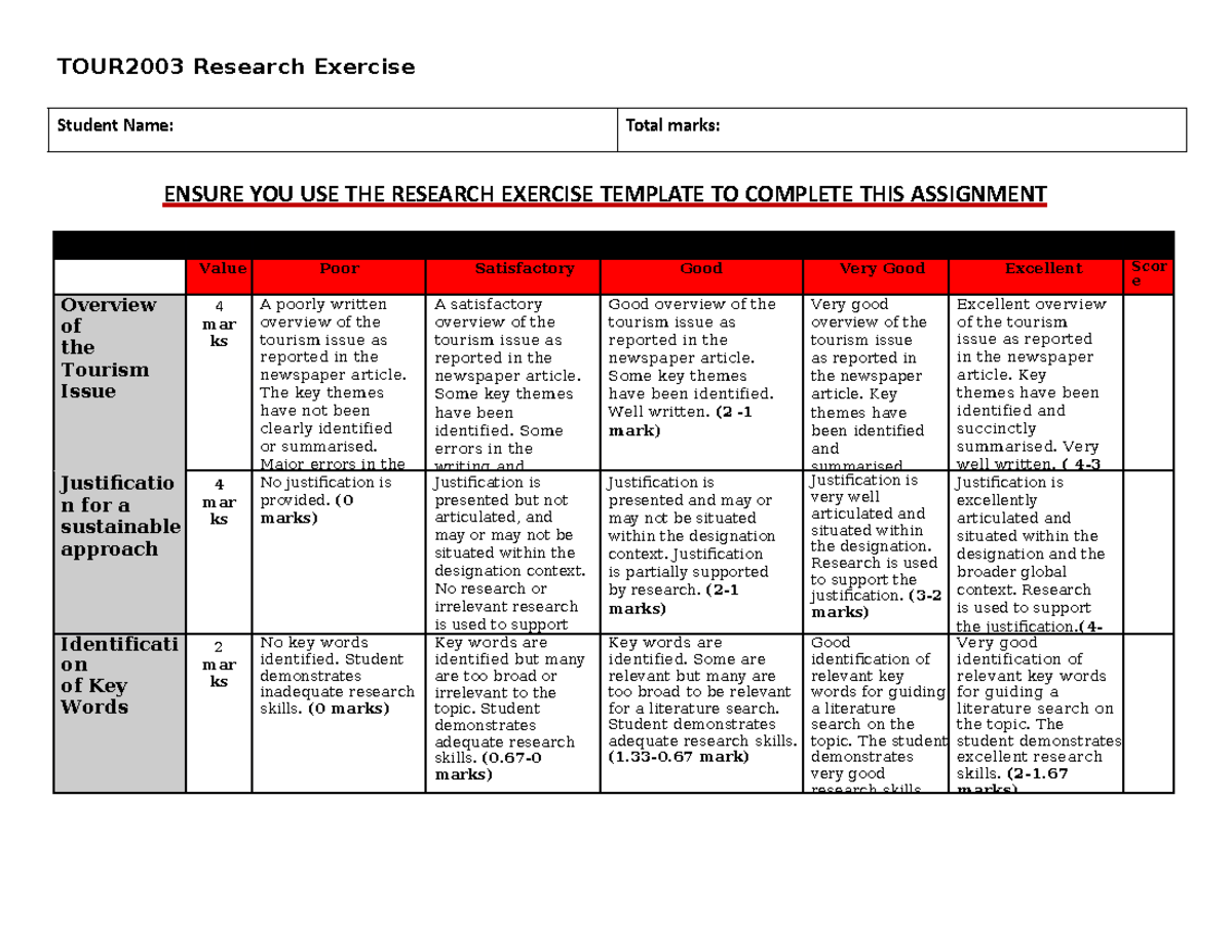 Research Exercise Rubric 2022 - TOUR2003 Research Exercise Student Name ...