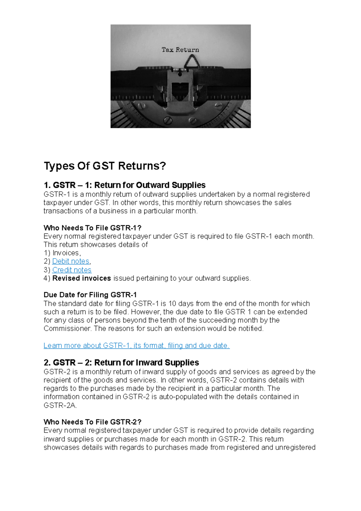Types Of GST Returns - GSTR – 1: Return for Outward Supplies GSTR-1 is ...