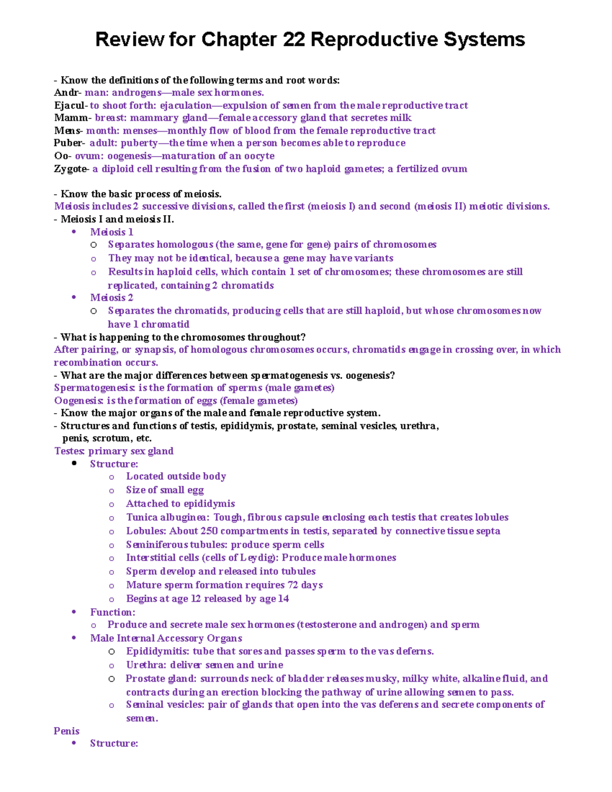 BIO 116 117 118 Exam Review Chapter 22 Reproductive Systems - Review ...