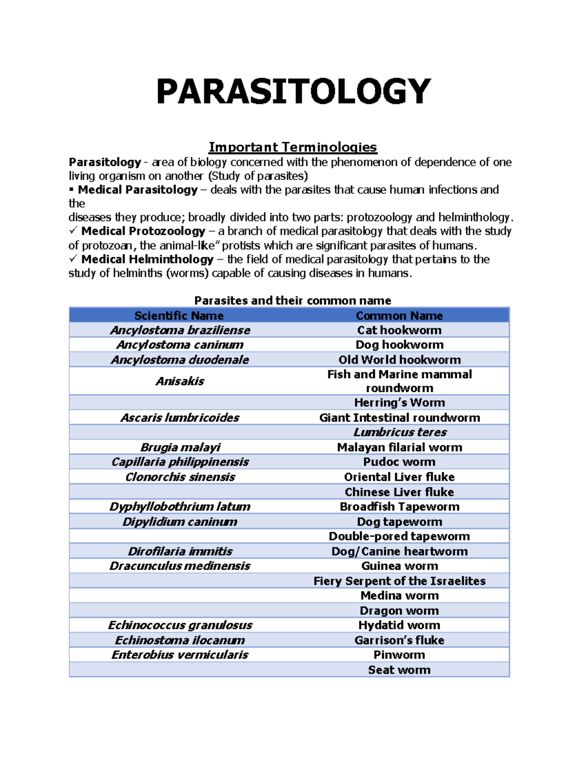 PARA- Reviewer - PARASITOLOGY Important Terminologies Parasitology ...