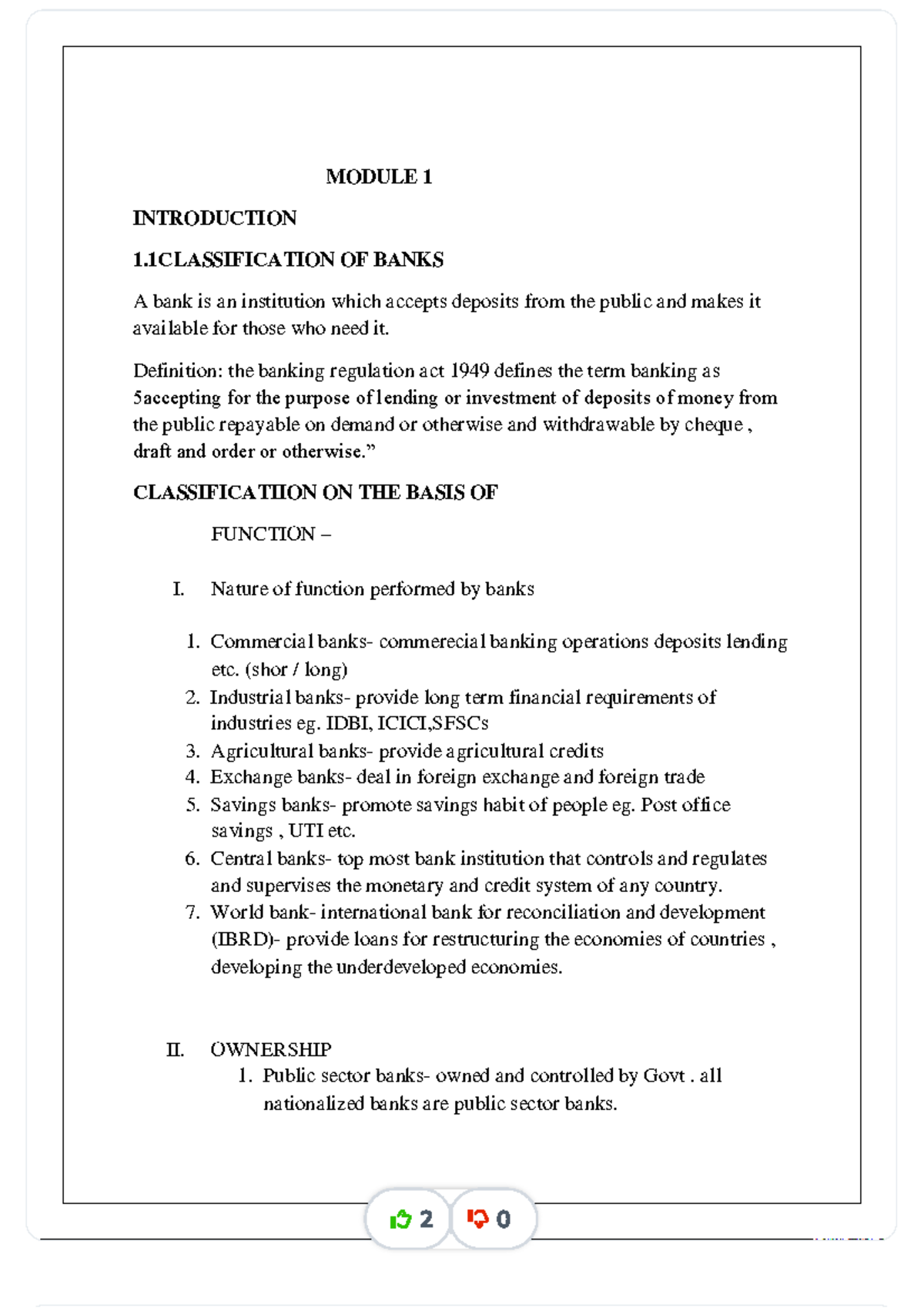 Banking Notes - MODULE 1 INTRODUCTION 1 OF BANKS A bank is an ...