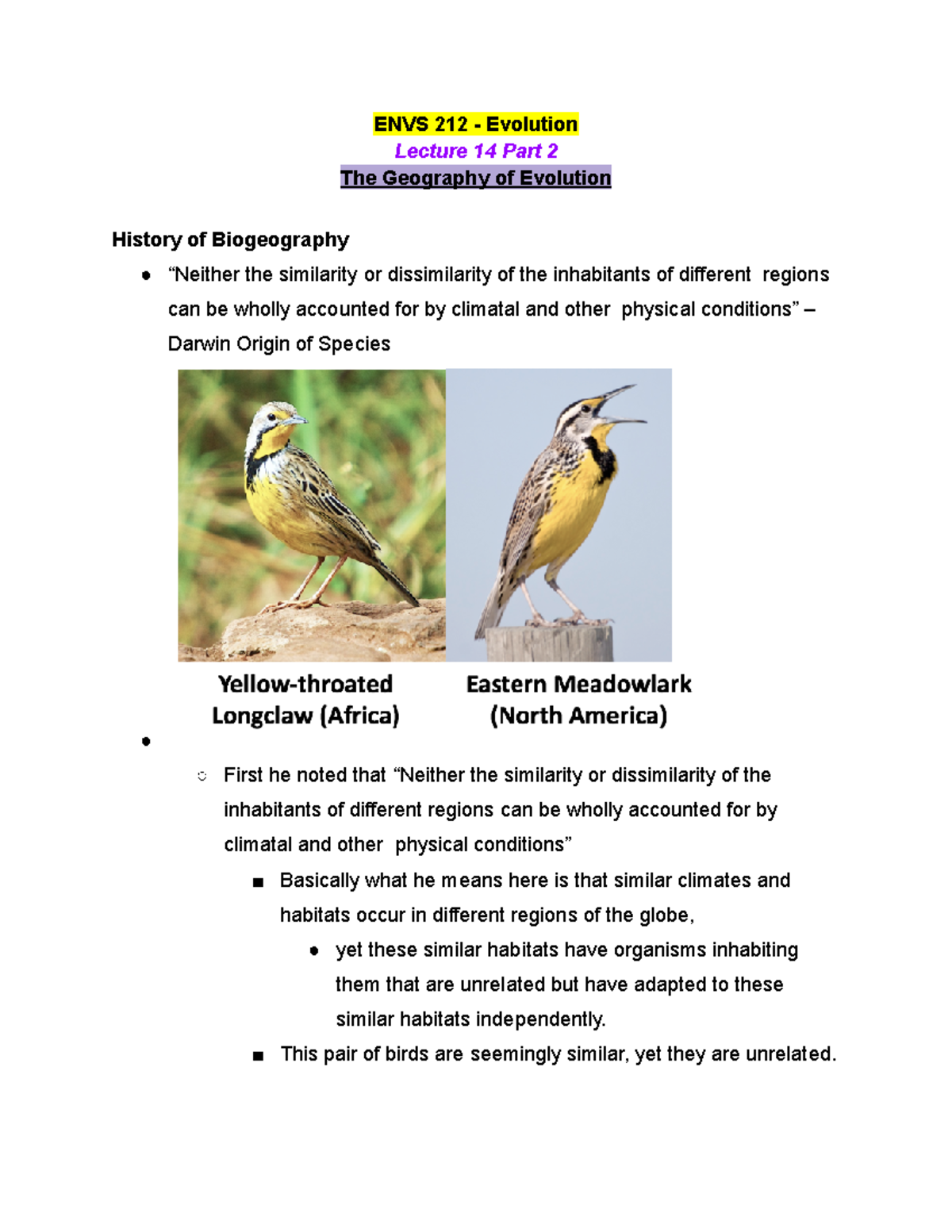 ENVS 212 Lecture 14 Part 2 - Spring 2020 - ENVS 212 - Evolution Lecture 14 Part 2 The Geography ...