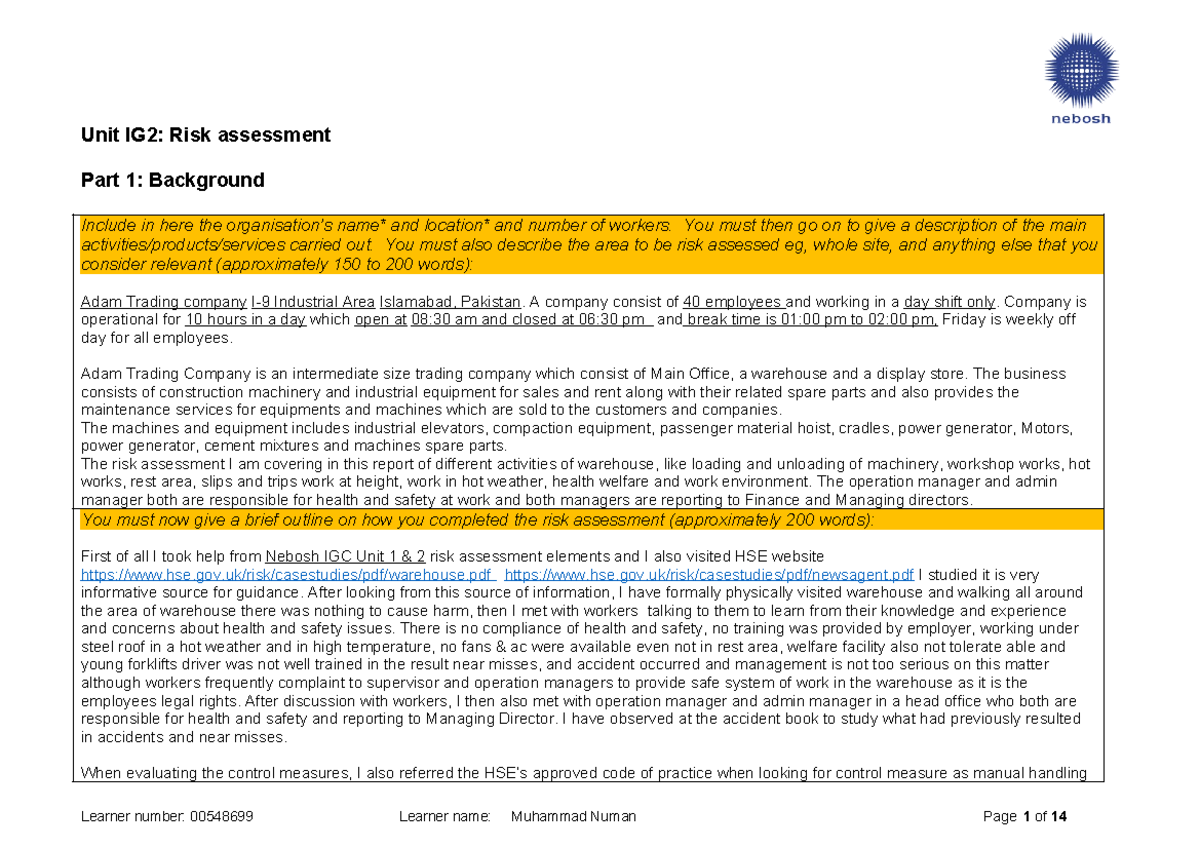Pdfcoffee - Text from nebosh exam - Unit IG2: Risk assessment Part 1: Background Include in here ...