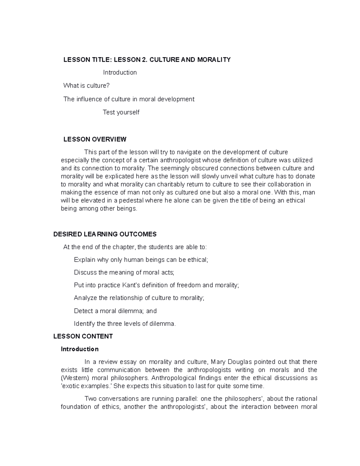 Ethics Chapter 2 Lesson 2 - LESSON TITLE: LESSON 2. CULTURE AND MORALITY Introduction What is ...