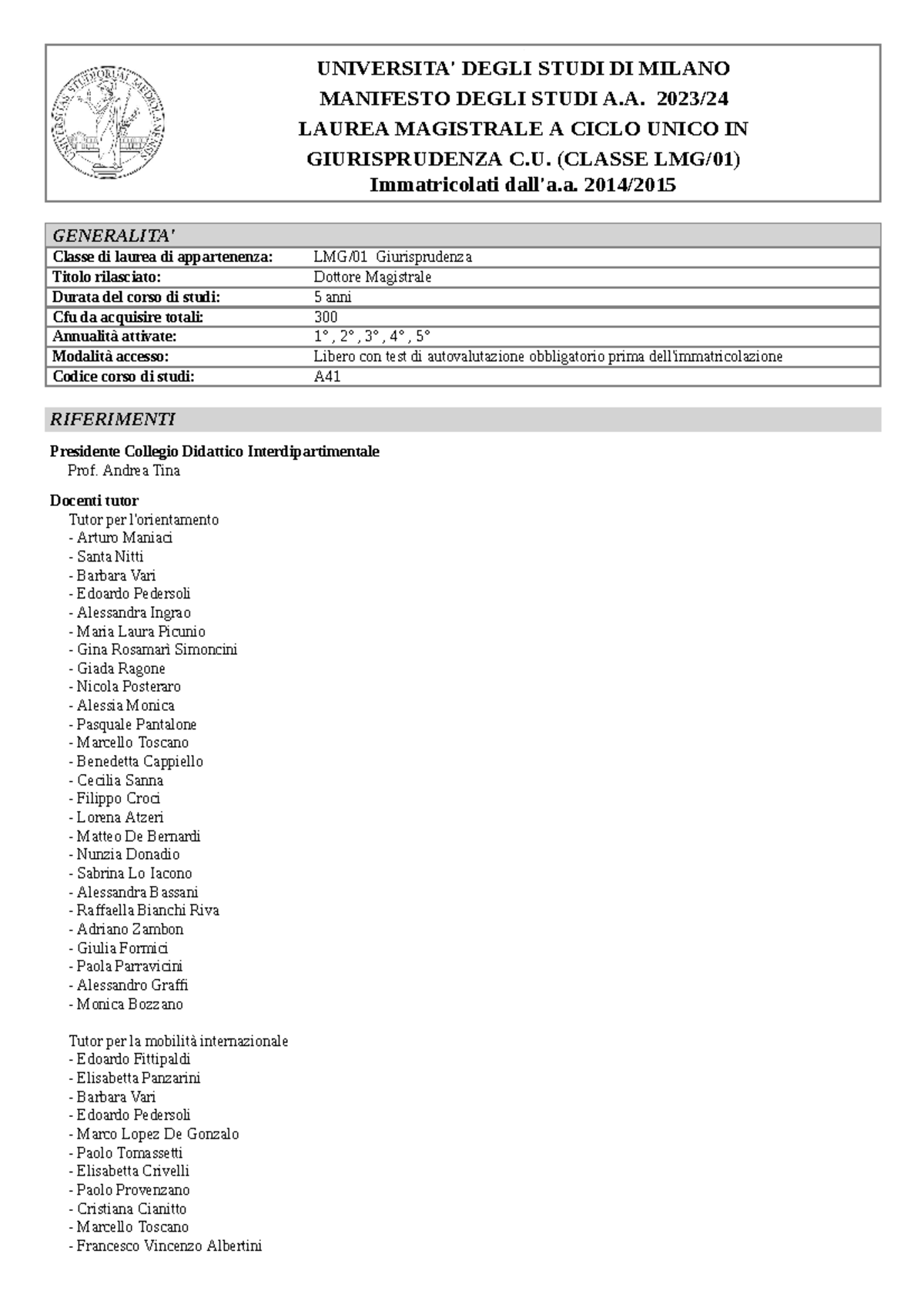 Ita manifesto A41of2 2024 - UNIVERSITA' DEGLI STUDI DI MILANO MANIFESTO DEGLI STUDI A. 2023 ...